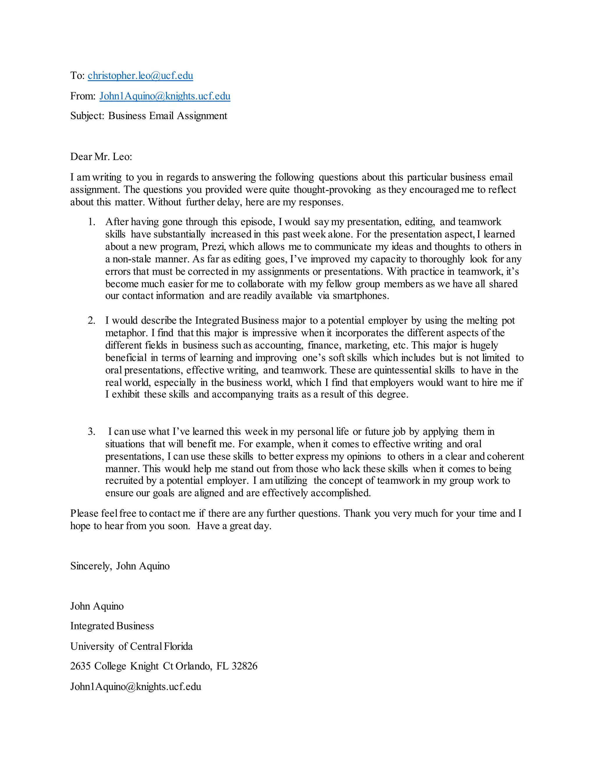 Business Email Assignment | DOCX