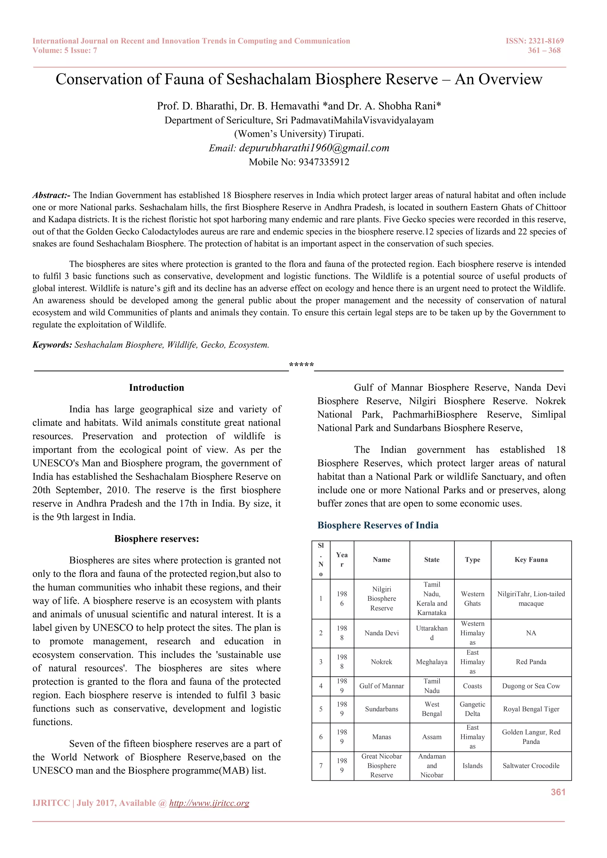 Conservation of fauna of Seshachalam Biosphere Reserve – An overview | PDF