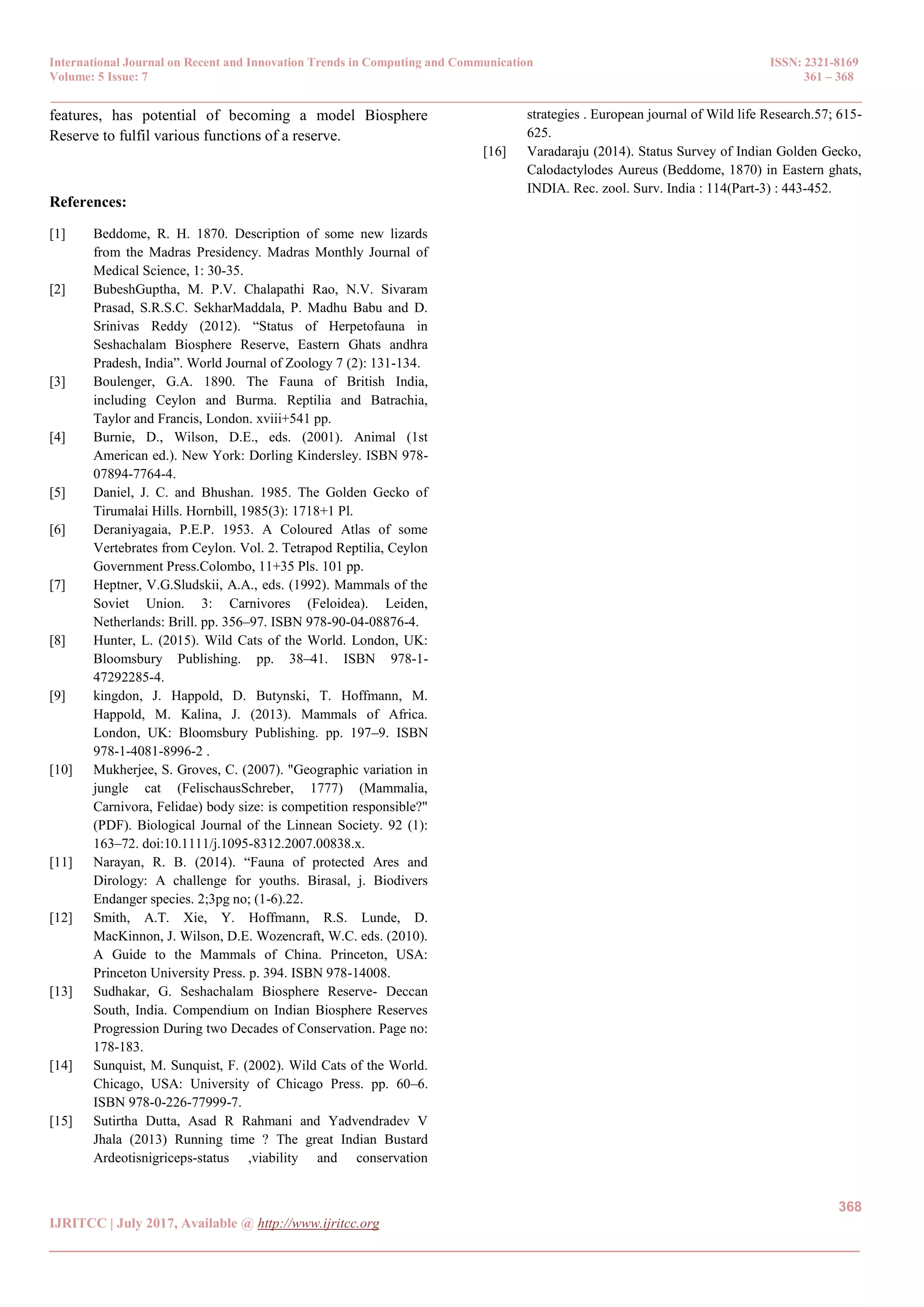 Conservation of fauna of Seshachalam Biosphere Reserve – An overview | PDF