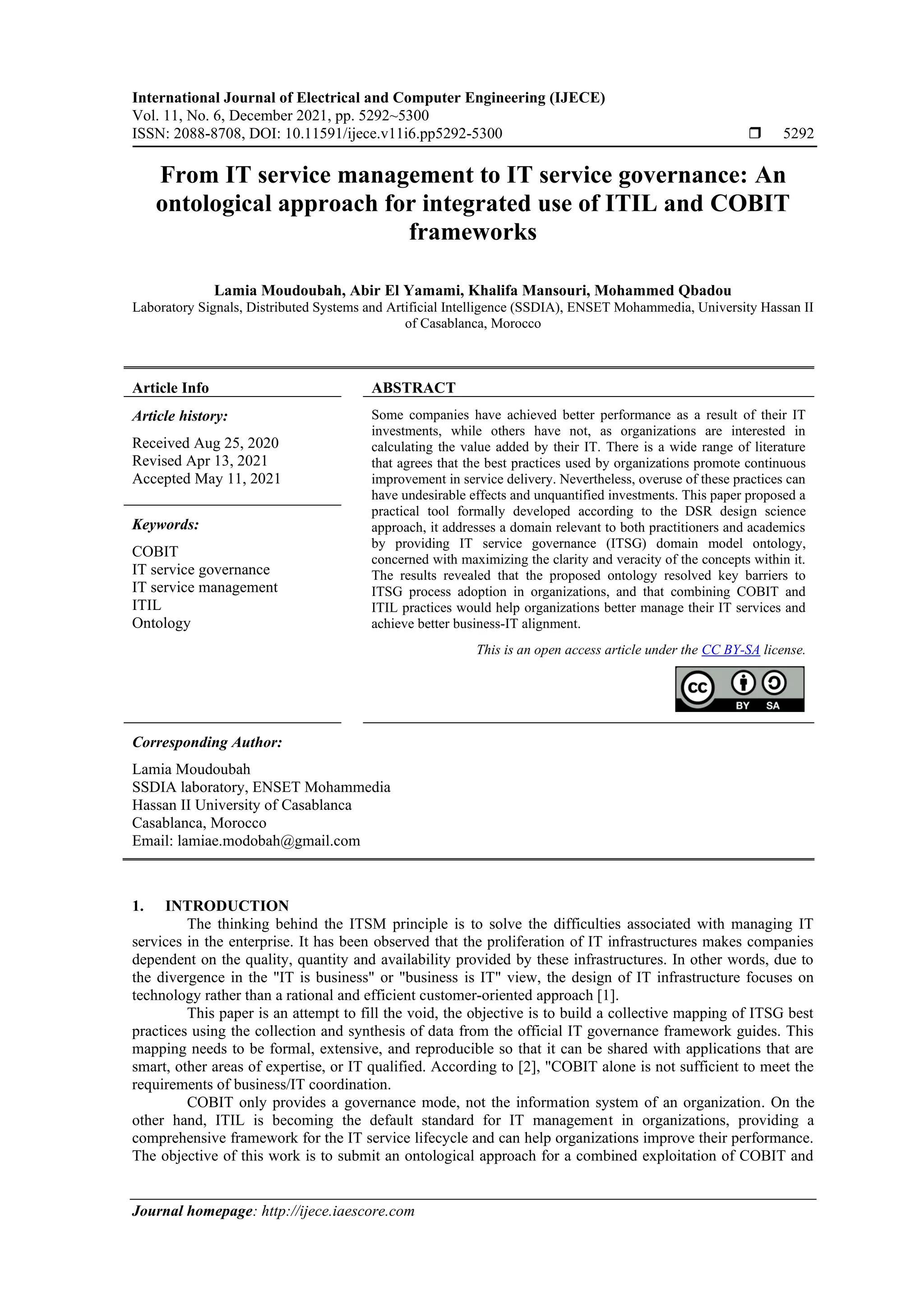 From IT service management to IT service governance: An ontological approach for integrated use ...