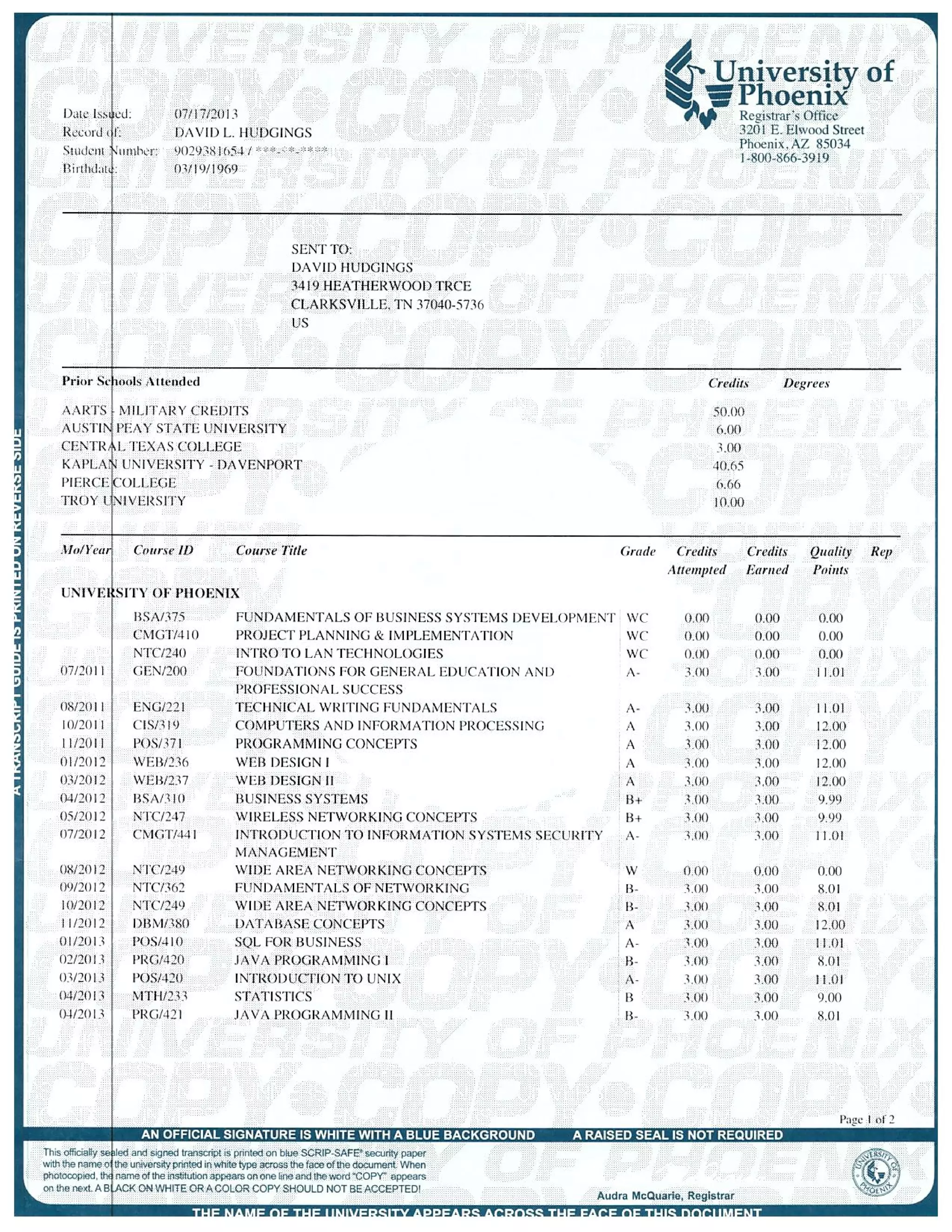 University of Phoenix Transcripts | PDF