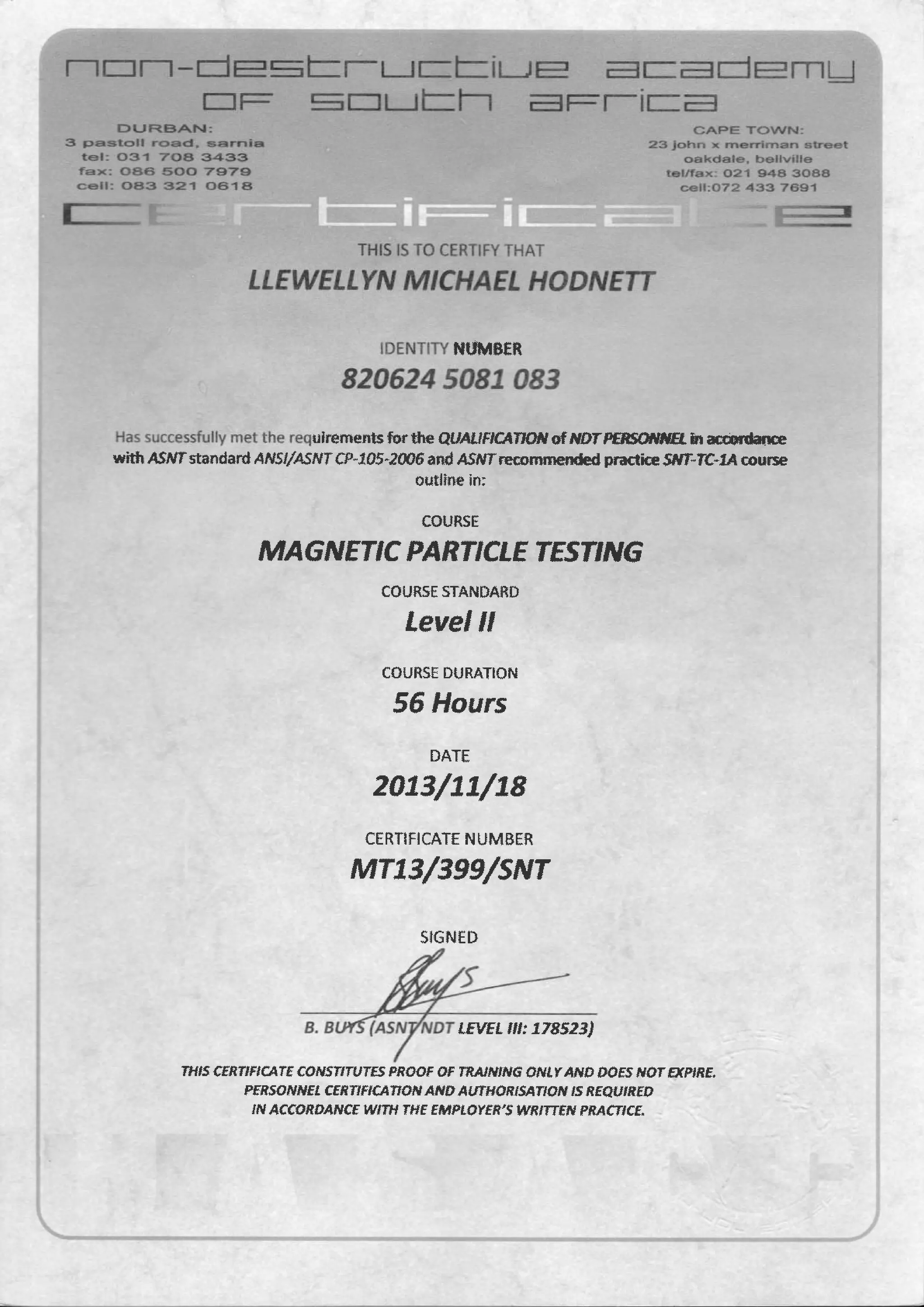 Magnetic Particle inspection Certificate | PDF