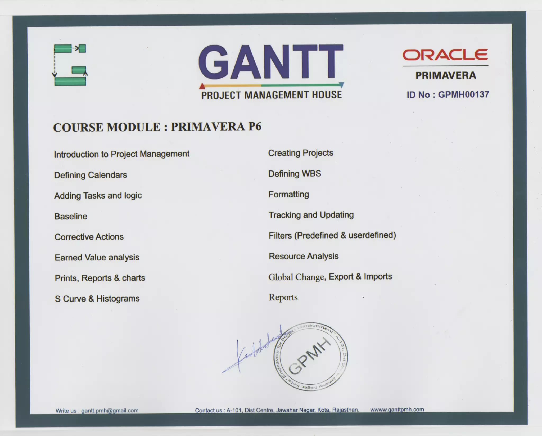 PRIMAVERA P6 CERTIFICATE | PDF