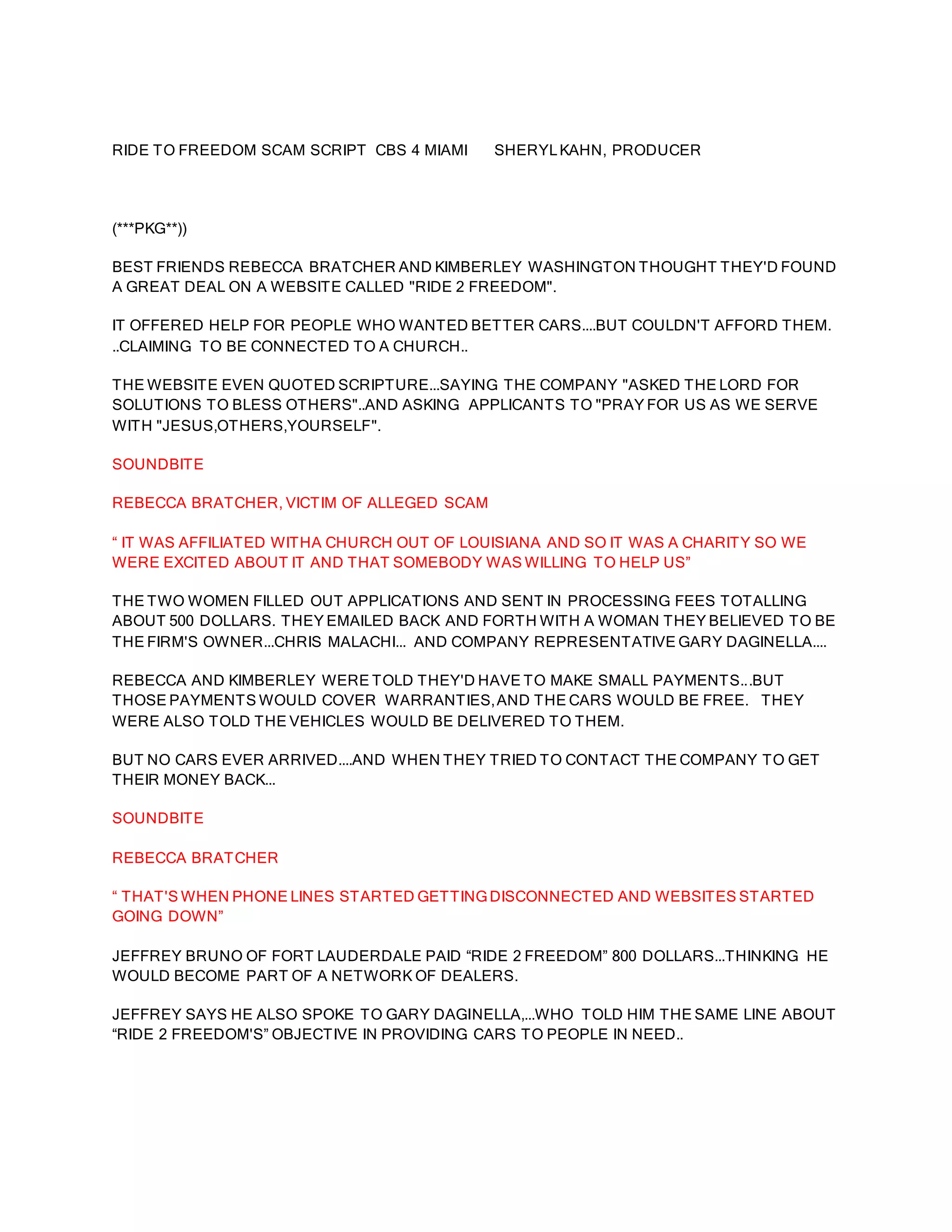 RIDE TO FREEDOM SCAM SCRIPT CBS4 MIAMI | PDF