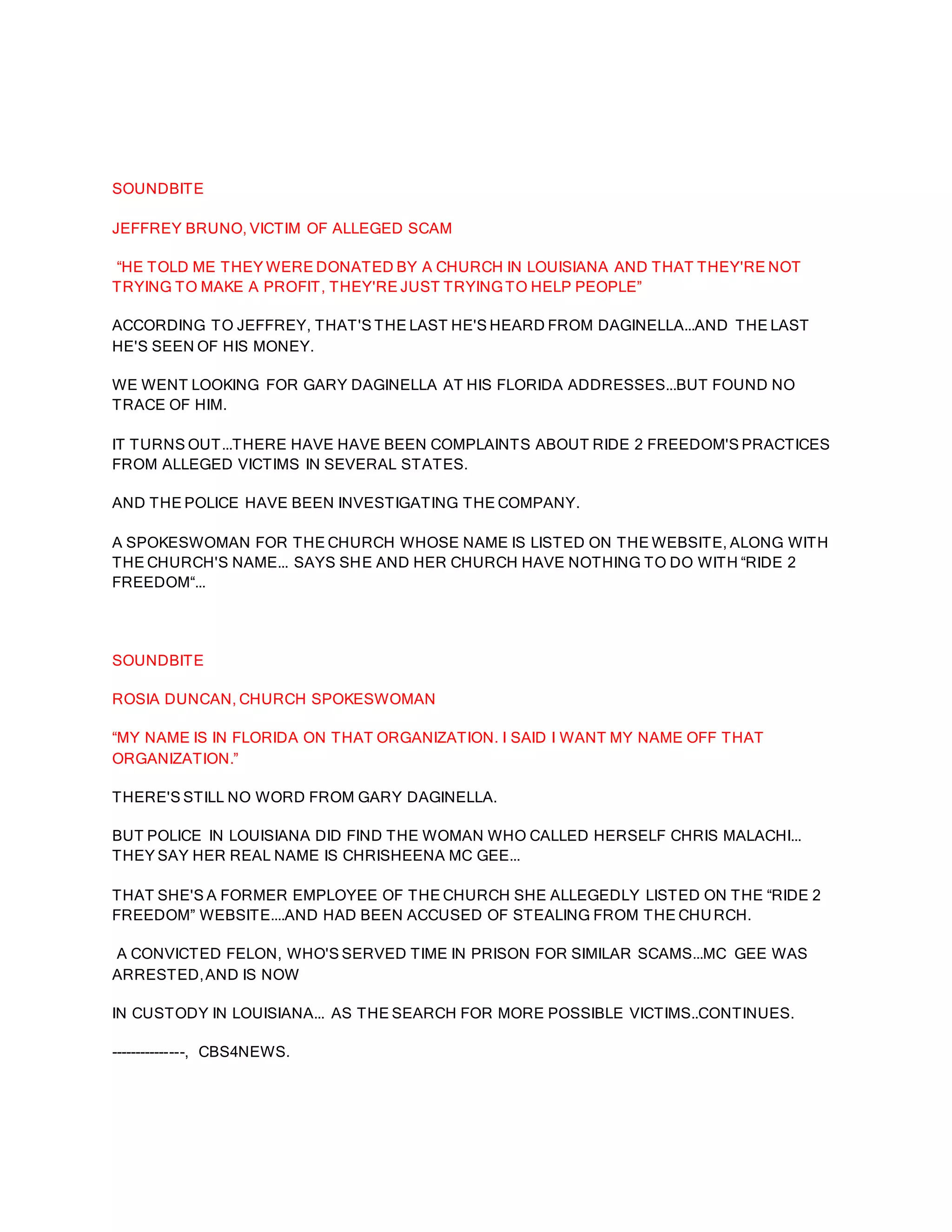 RIDE TO FREEDOM SCAM SCRIPT CBS4 MIAMI | PDF