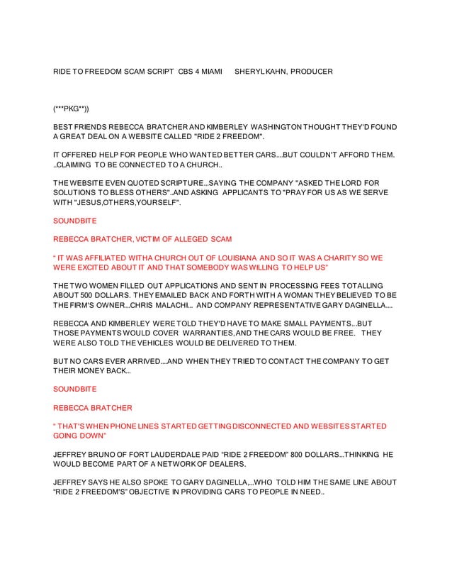RIDE TO FREEDOM SCAM SCRIPT CBS4 MIAMI | PDF