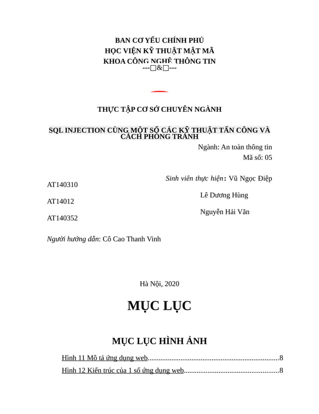 Đồ án thực tập cơ sở các kĩ thuật tấn công SQL injection và cách phòng ...