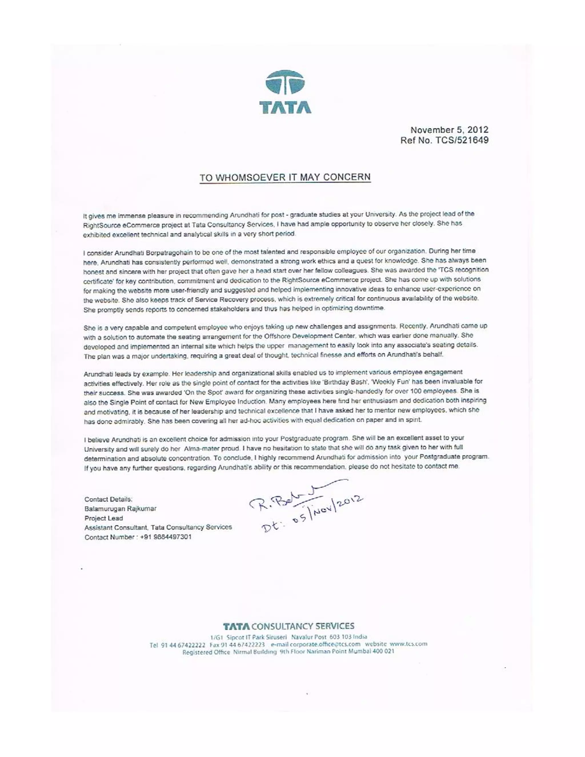 LetterOfRecommendation_TCS_Arundhati | PDF