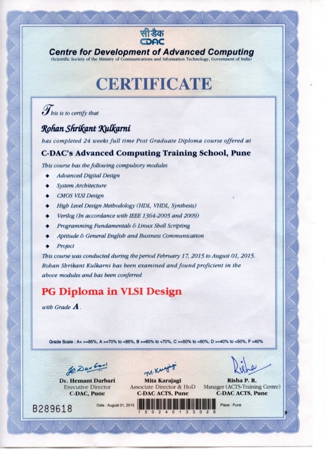 CDAC Certificate PG Diploma In VLSI Design CDAC Certificate PG Diploma In VLSI Design