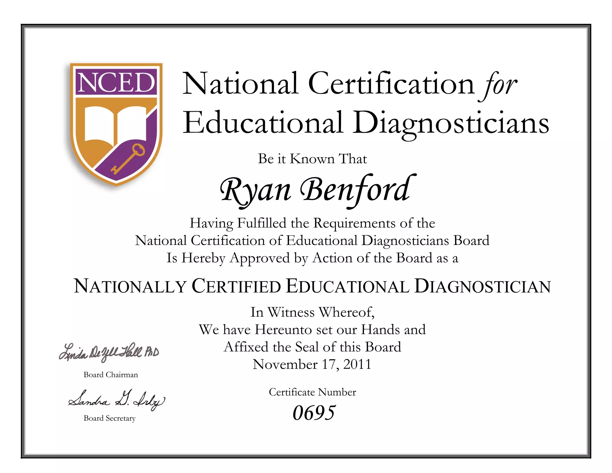 RyanBenford NCED certification | PDF