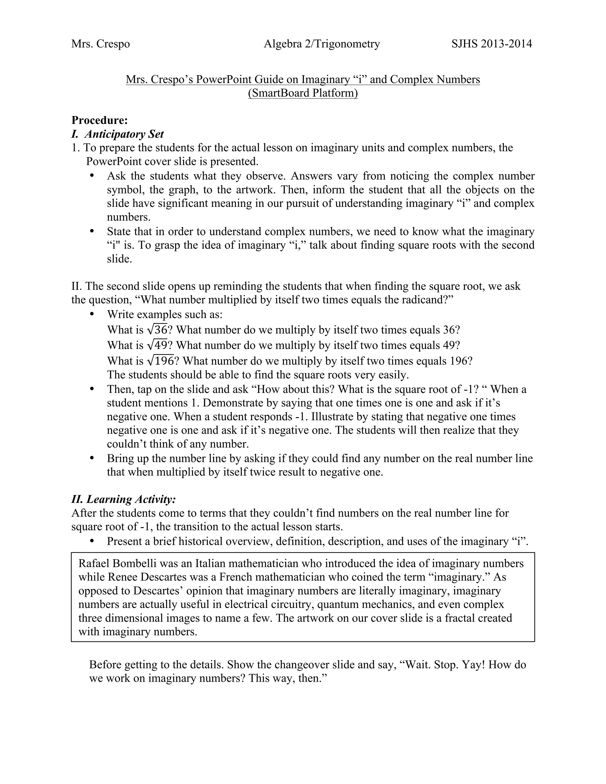 Crespo Lesson Plan_Complex Numbers Guide | PDF