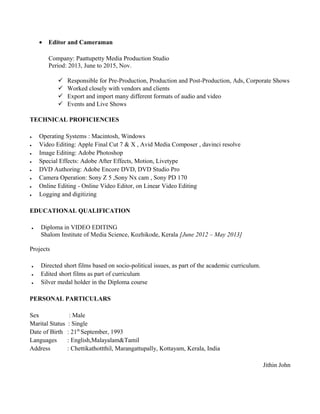 Jithin John _ Editor _ 3 Years Exp _ CV | PDF