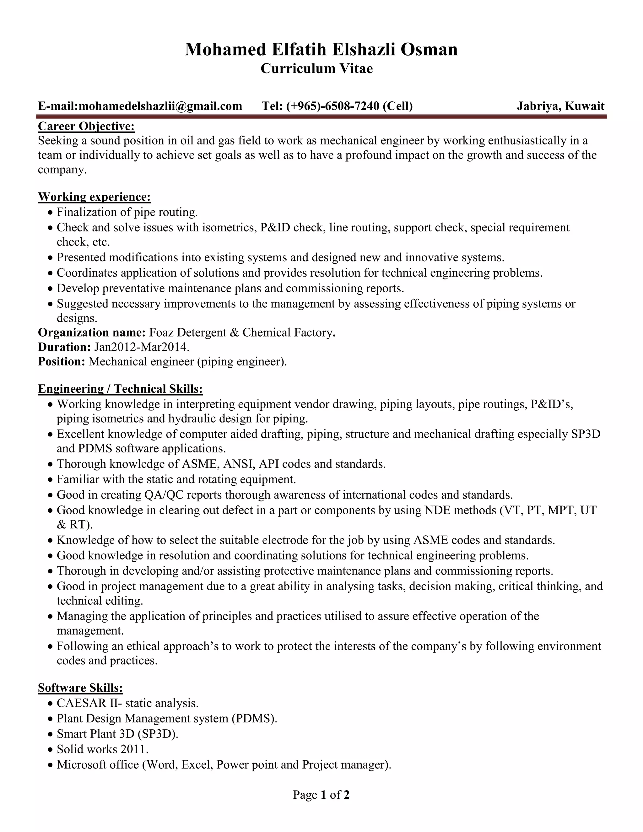 mohamed elshazli-CV oil & gas with personal info | PDF