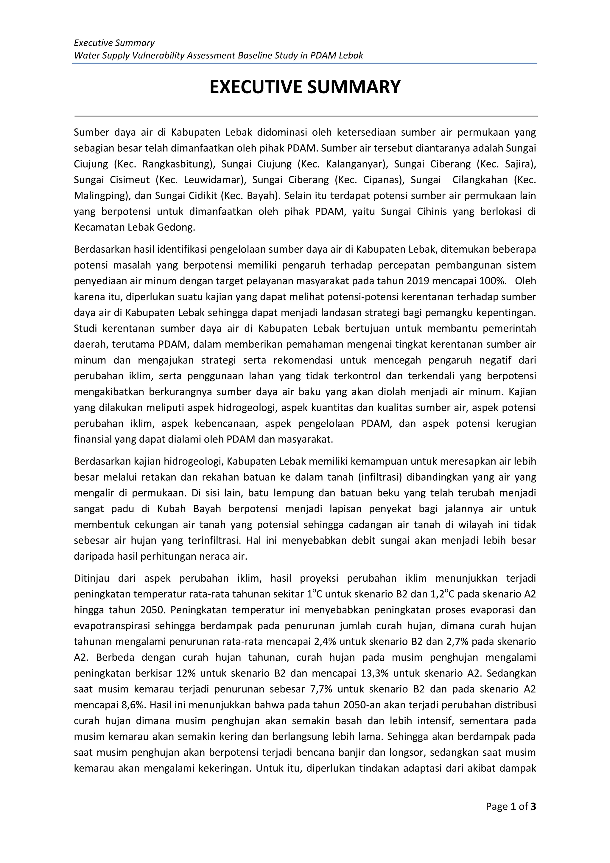 150929 - Executive Summary Studi WSVA Kabupaten Lebak - Rev final | PDF