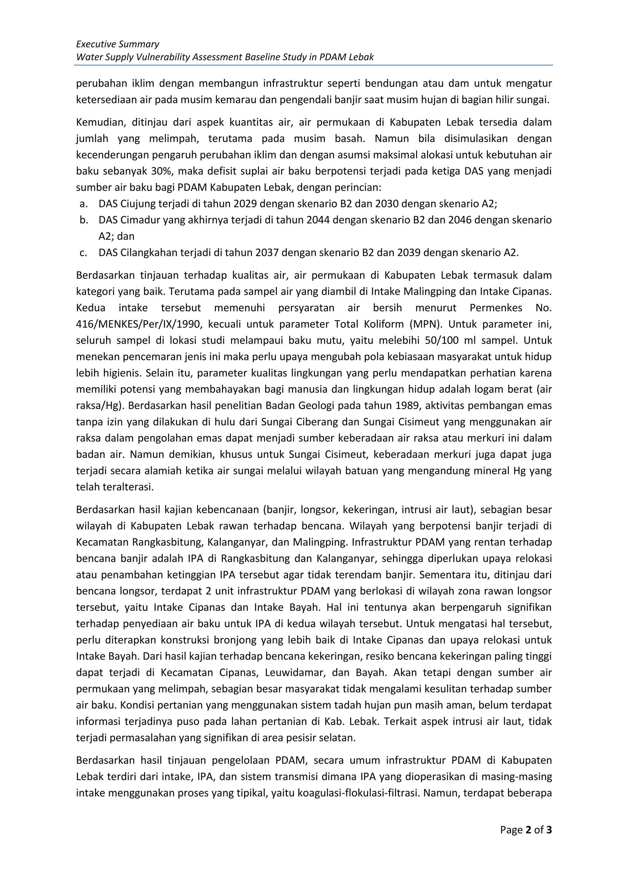 150929 - Executive Summary Studi WSVA Kabupaten Lebak - Rev final | PDF