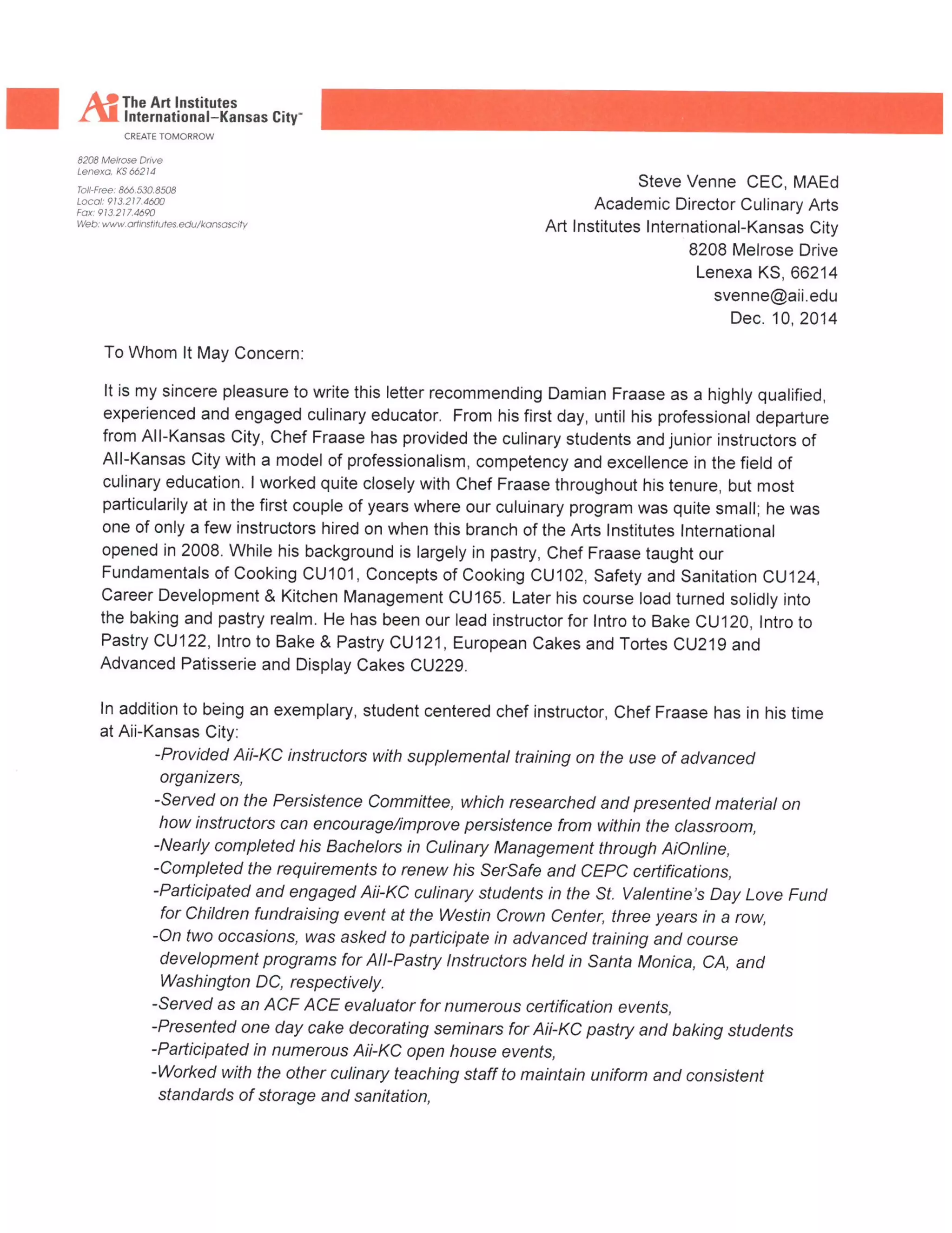 Chef Venne Letter of Recommendation | PDF