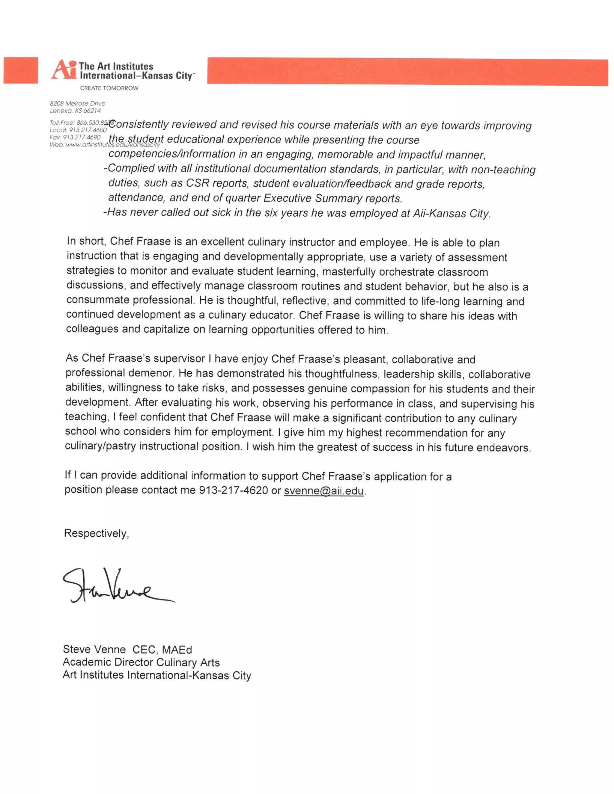Chef Venne Letter of Recommendation | PDF