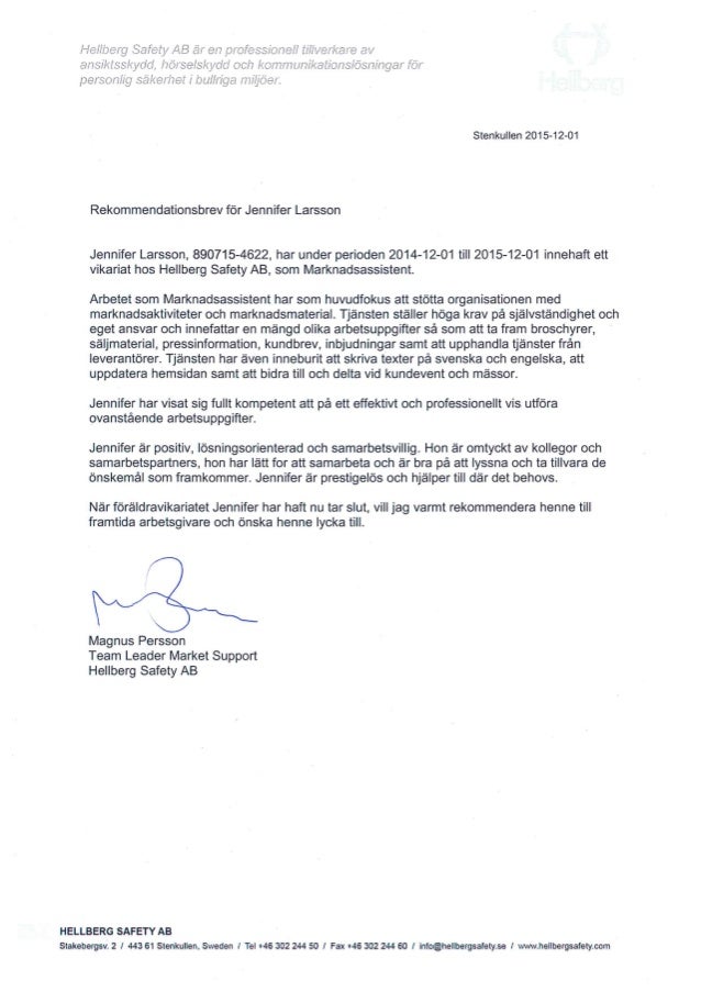 Rekommendationsbrev Jennifer Larsson