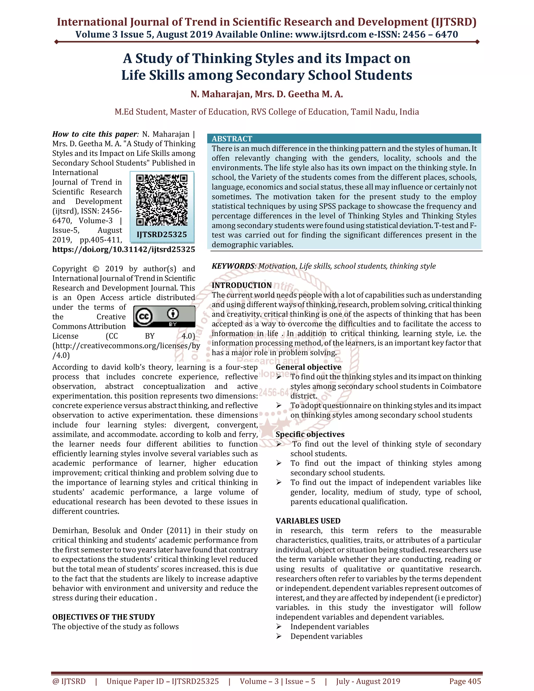 A Study of Thinking Styles and its Impact on Life Skills among ...
