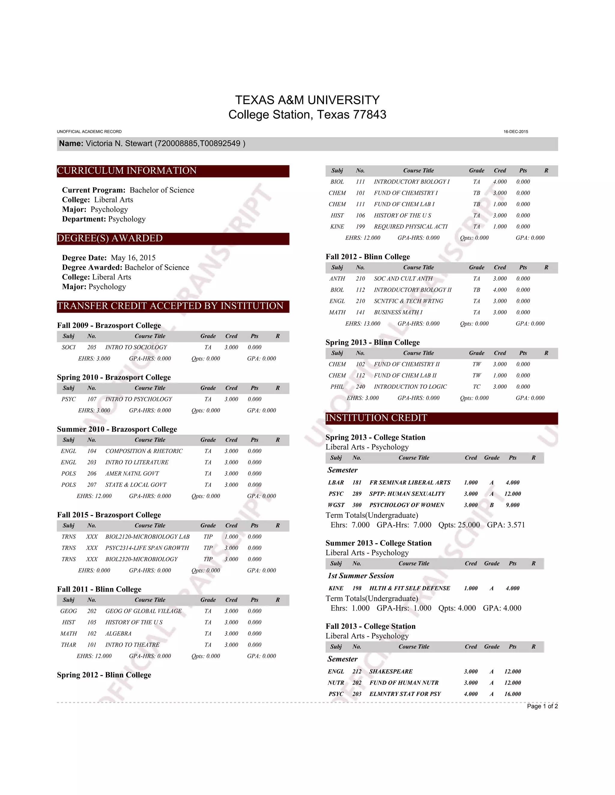 TAMU transcript | PDF