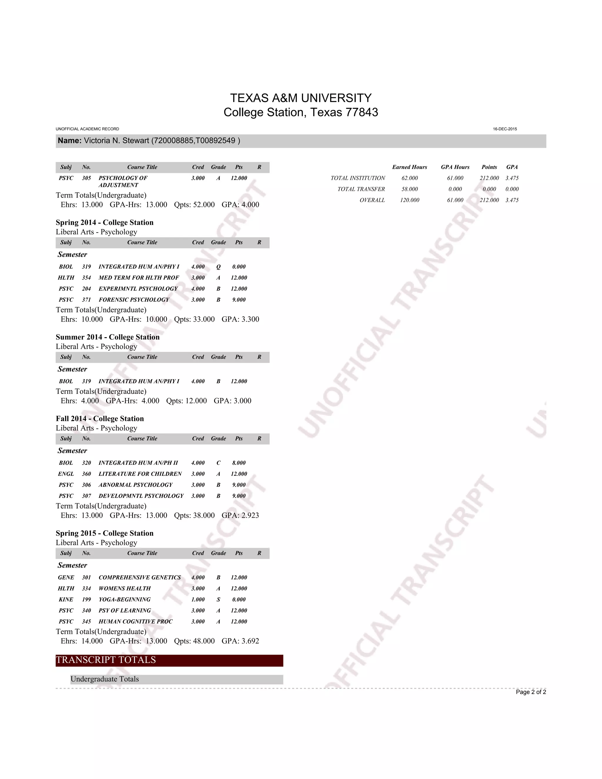 TAMU transcript | PDF