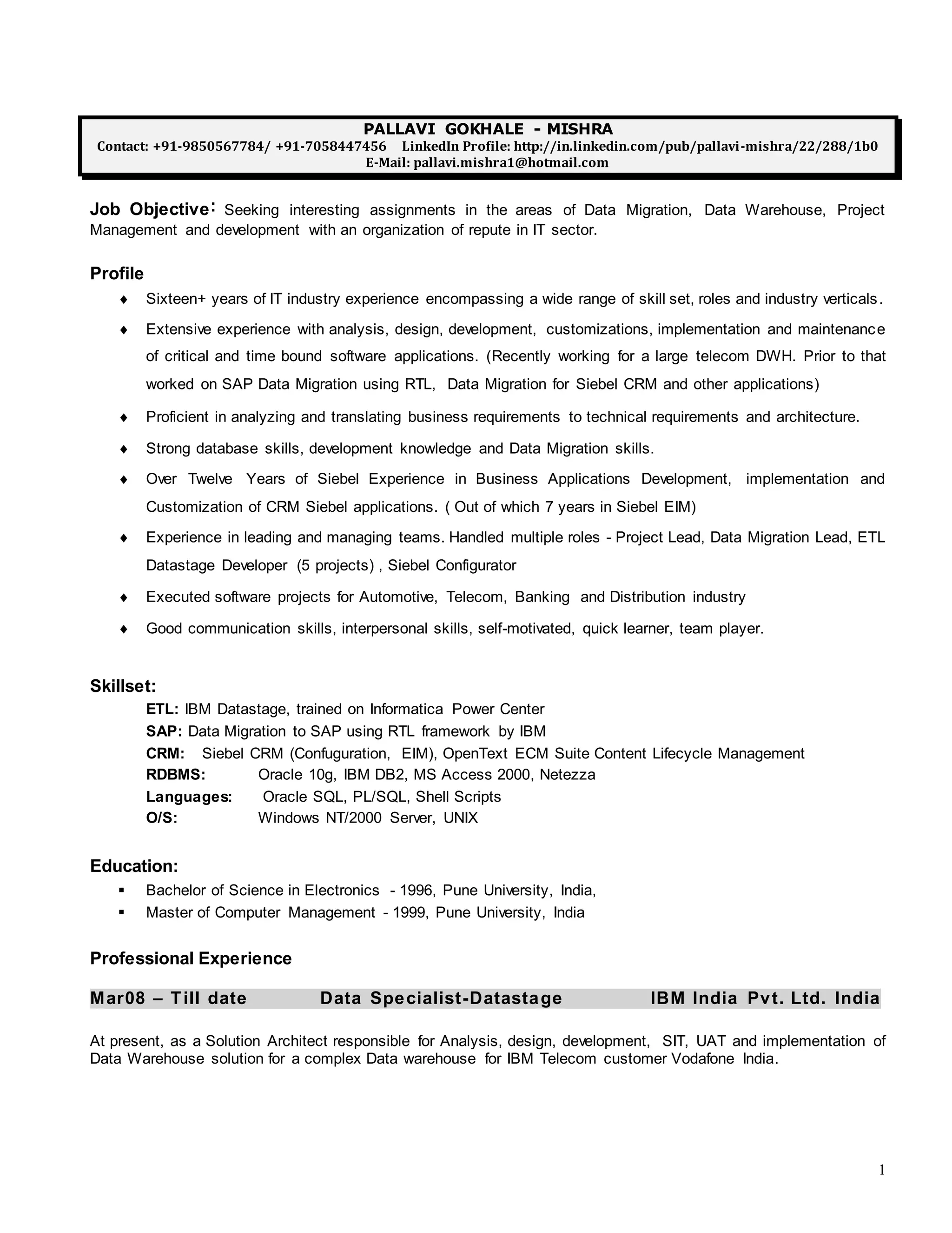 Resume Pallavi Mishra as of 2017 Feb | DOCX