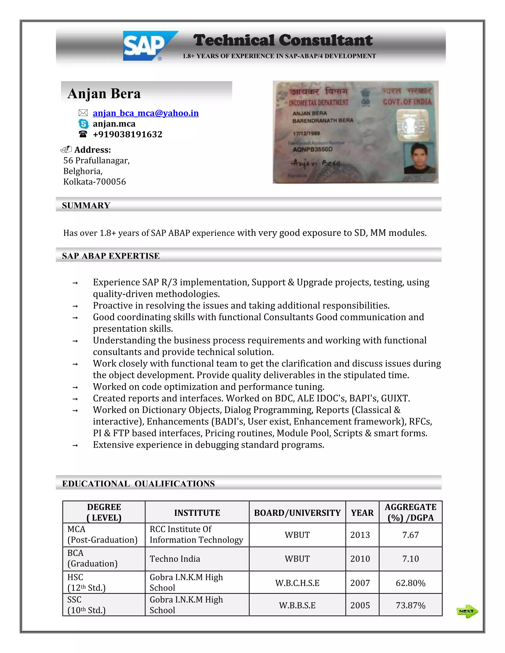 Anjan SAP ABAP Resume with PAN Card | PDF