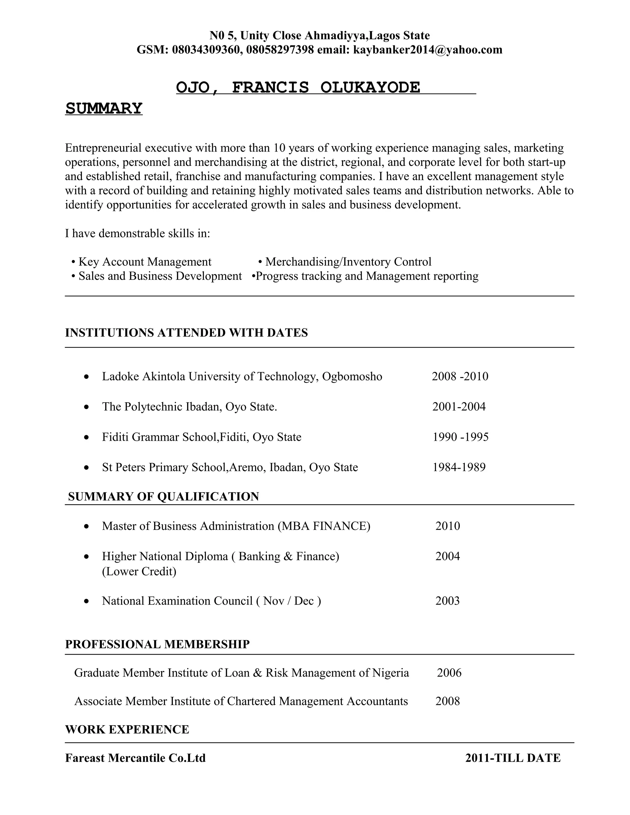 OJO FRANCIS OLUKAYODE CV | PDF