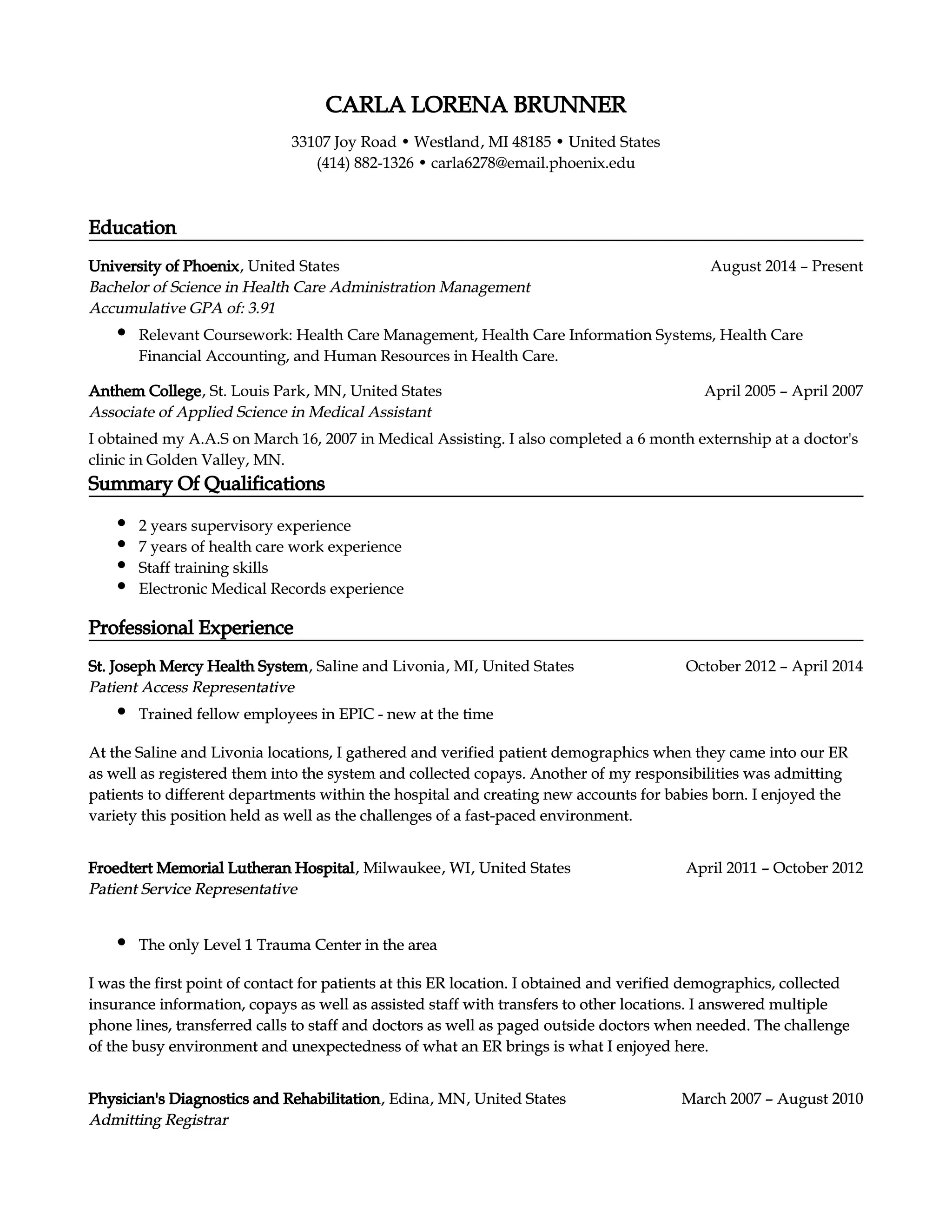Carla Brunner Resume 2016 | PDF