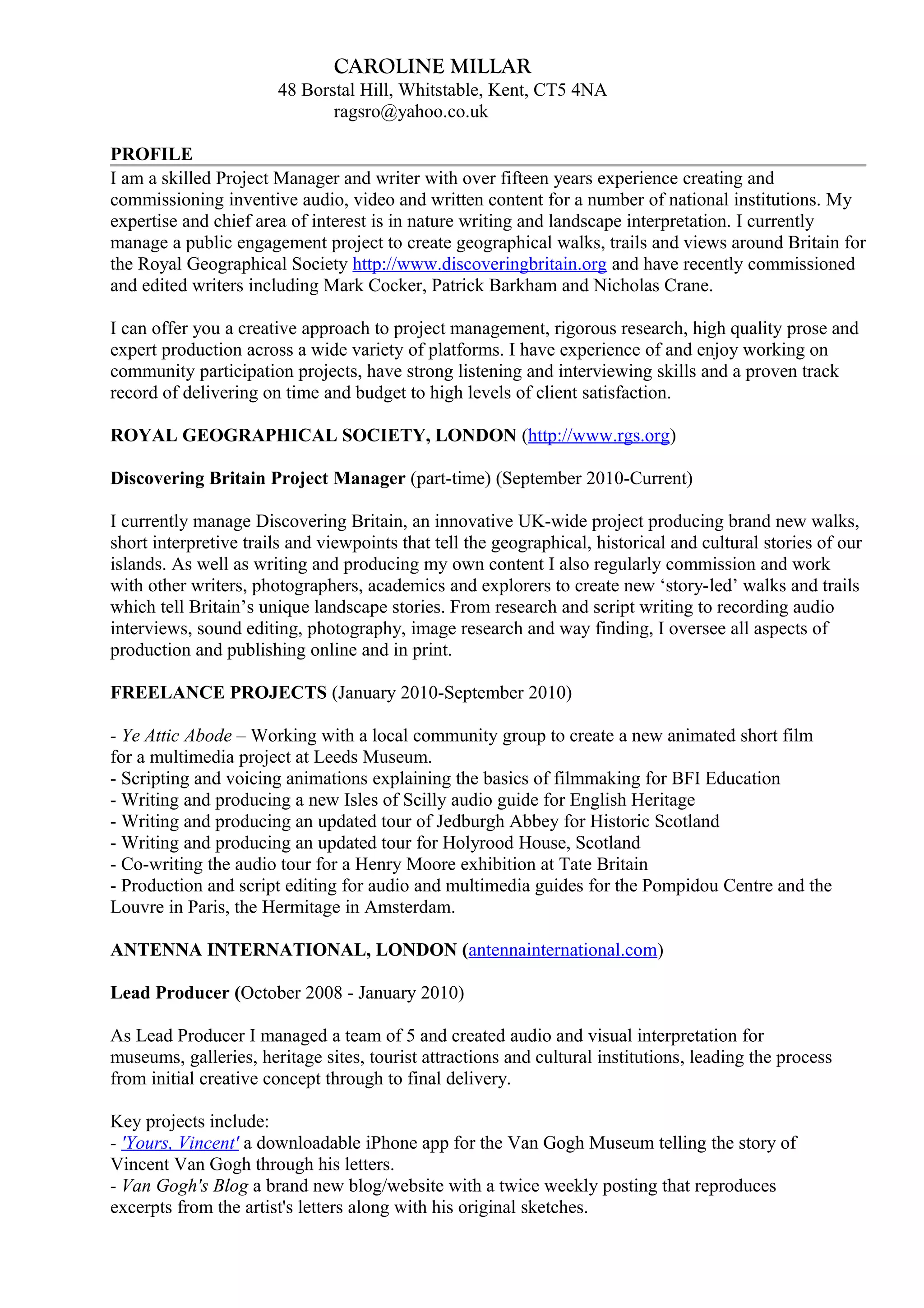 Caroline Millar CV 2016 | DOC