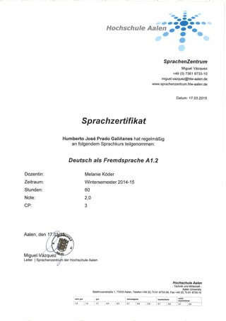 Master thesis certificate and German A1 level certificates | PDF