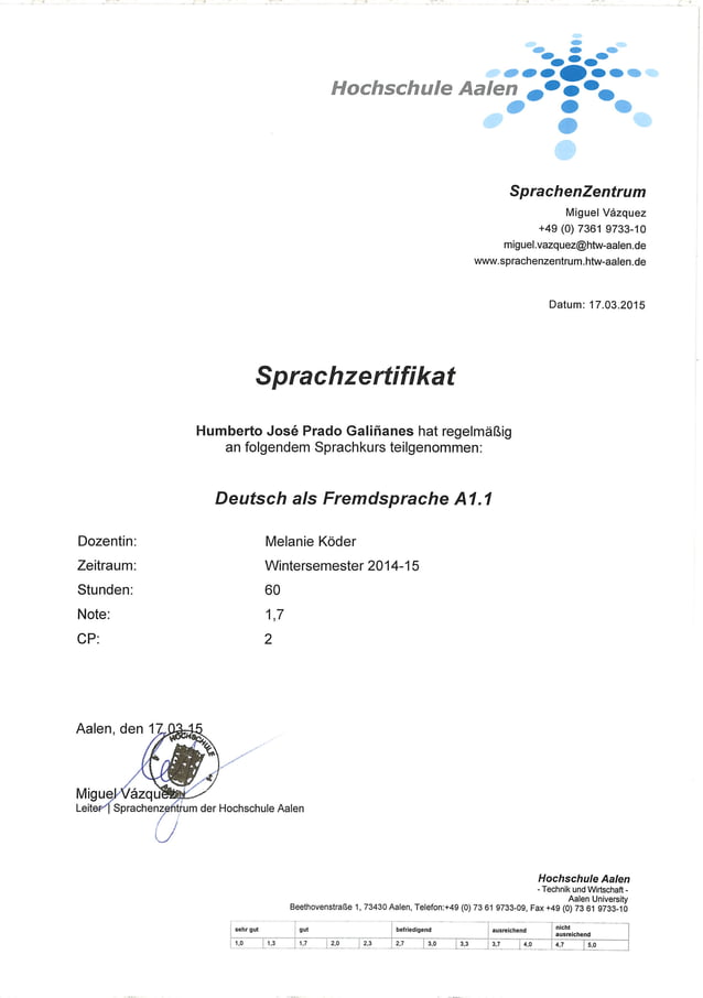 Master thesis certificate and German A1 level certificates | PDF