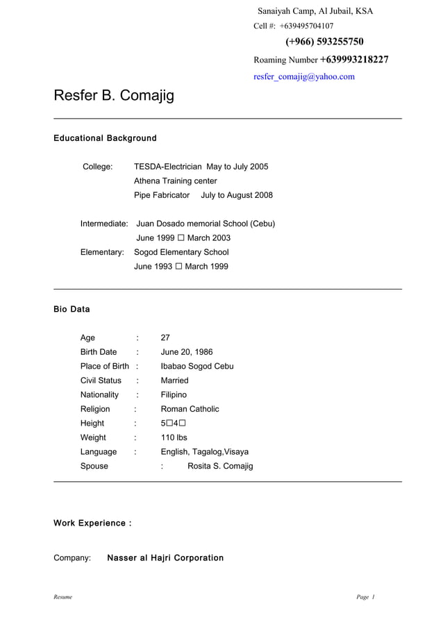 Resume of Resfer-1(4) | DOC | Business and Finance