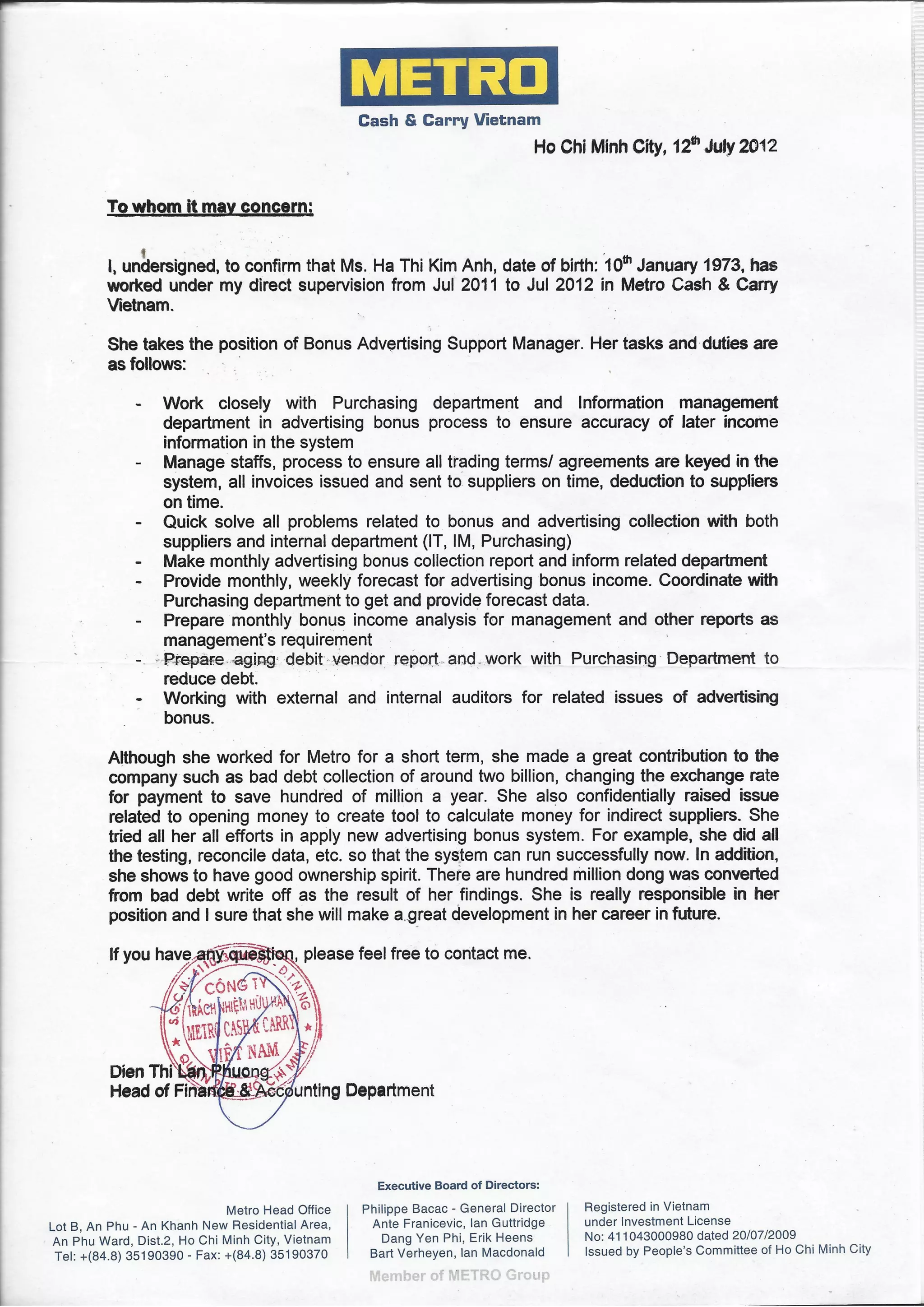 Reference Letter Metro | PDF