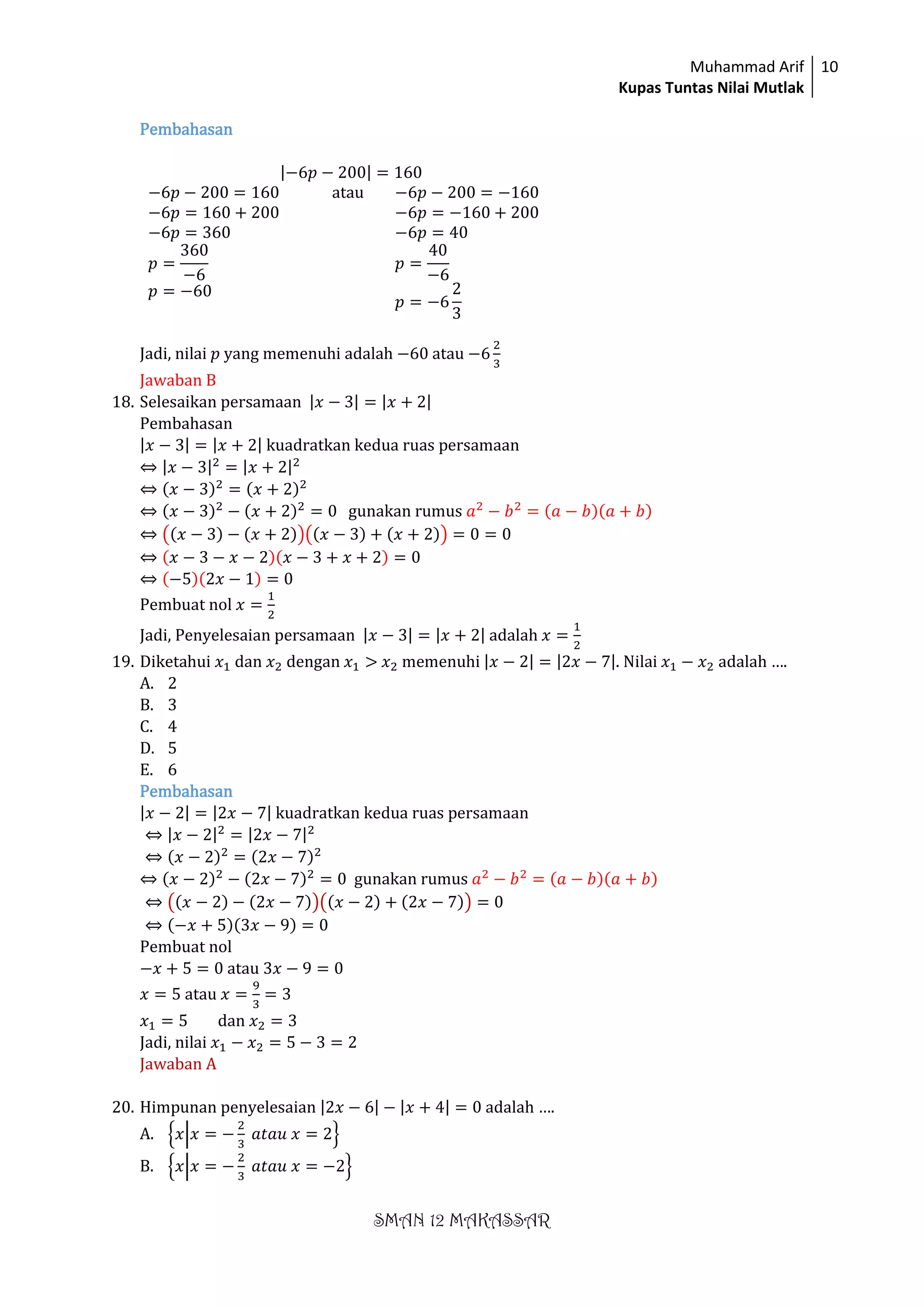 70 soal dan pembahasan persamaan dan pertidaksamaan nilai mutlak | PDF