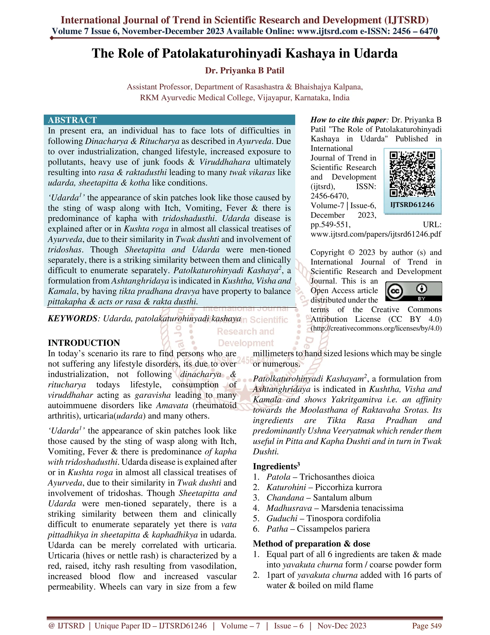 The Role of Patolakaturohinyadi Kashaya in Udarda | PDF | Skin and ...