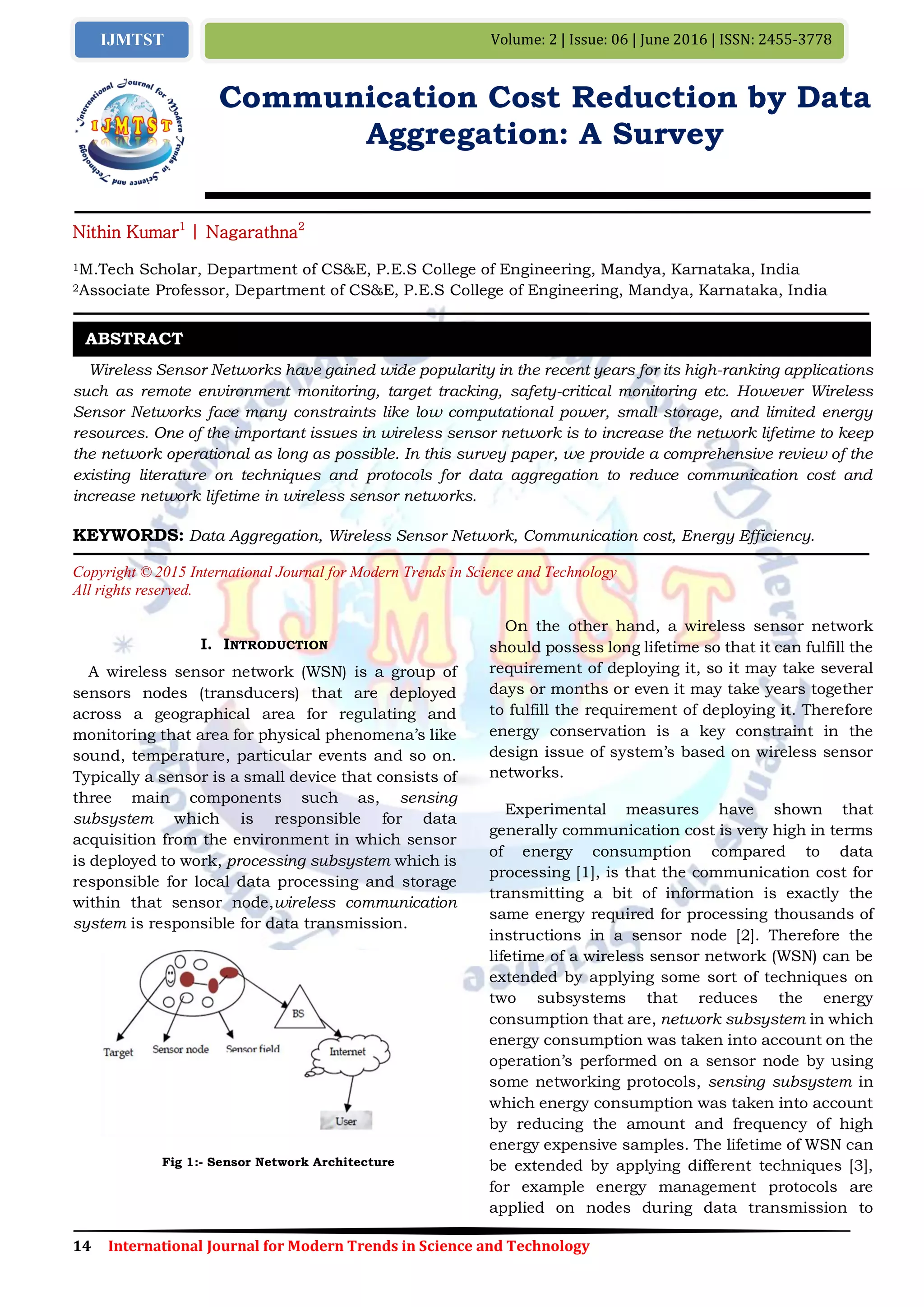 Communication Cost Reduction by Data Aggregation: A Survey | PDF