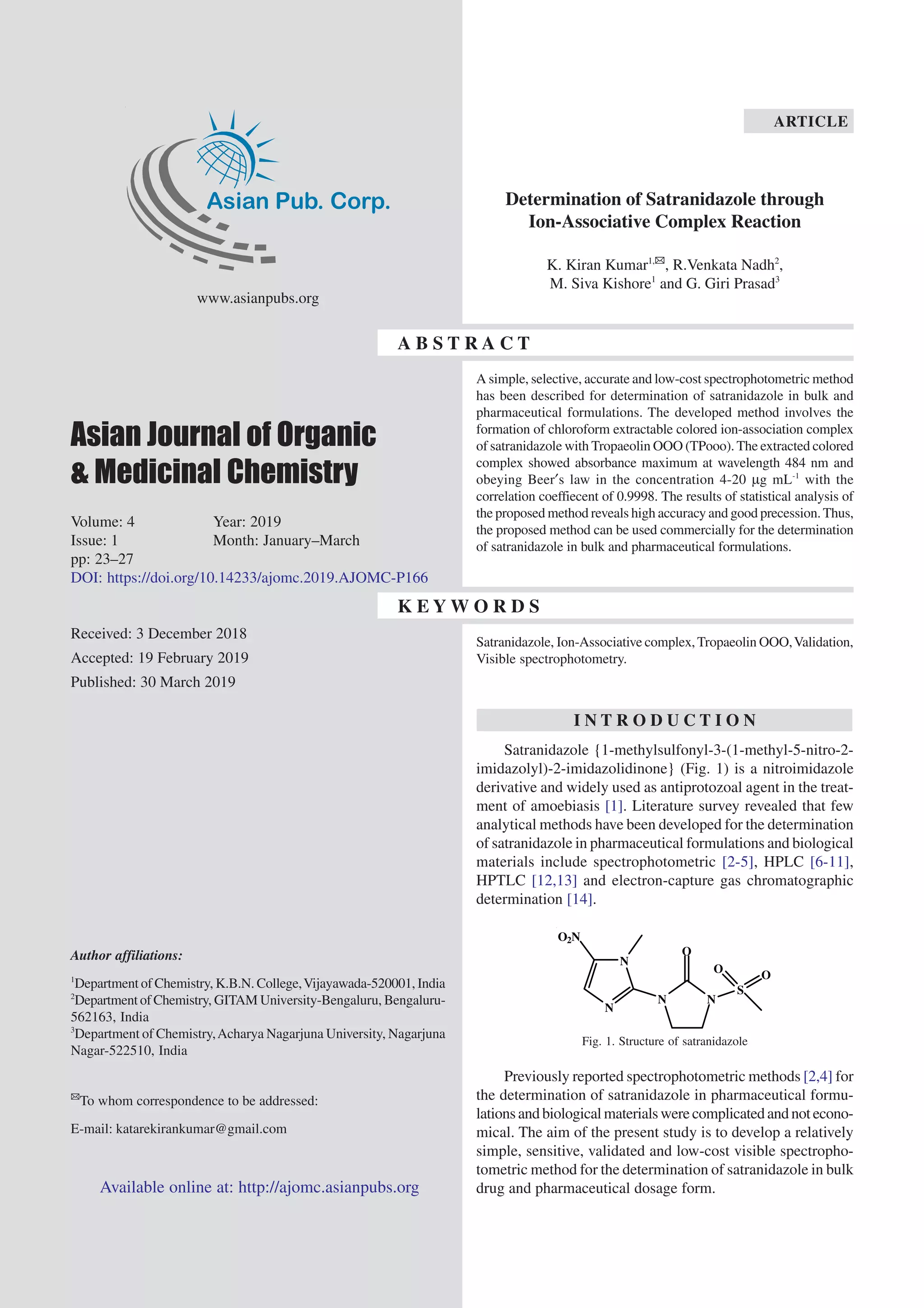 Determination of Satranidazole through Ion-Associative Complex Reaction ...