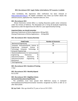 BEL Recruitment 2021 Apply Online @bel-india.in, 50 Vacancies Available ...