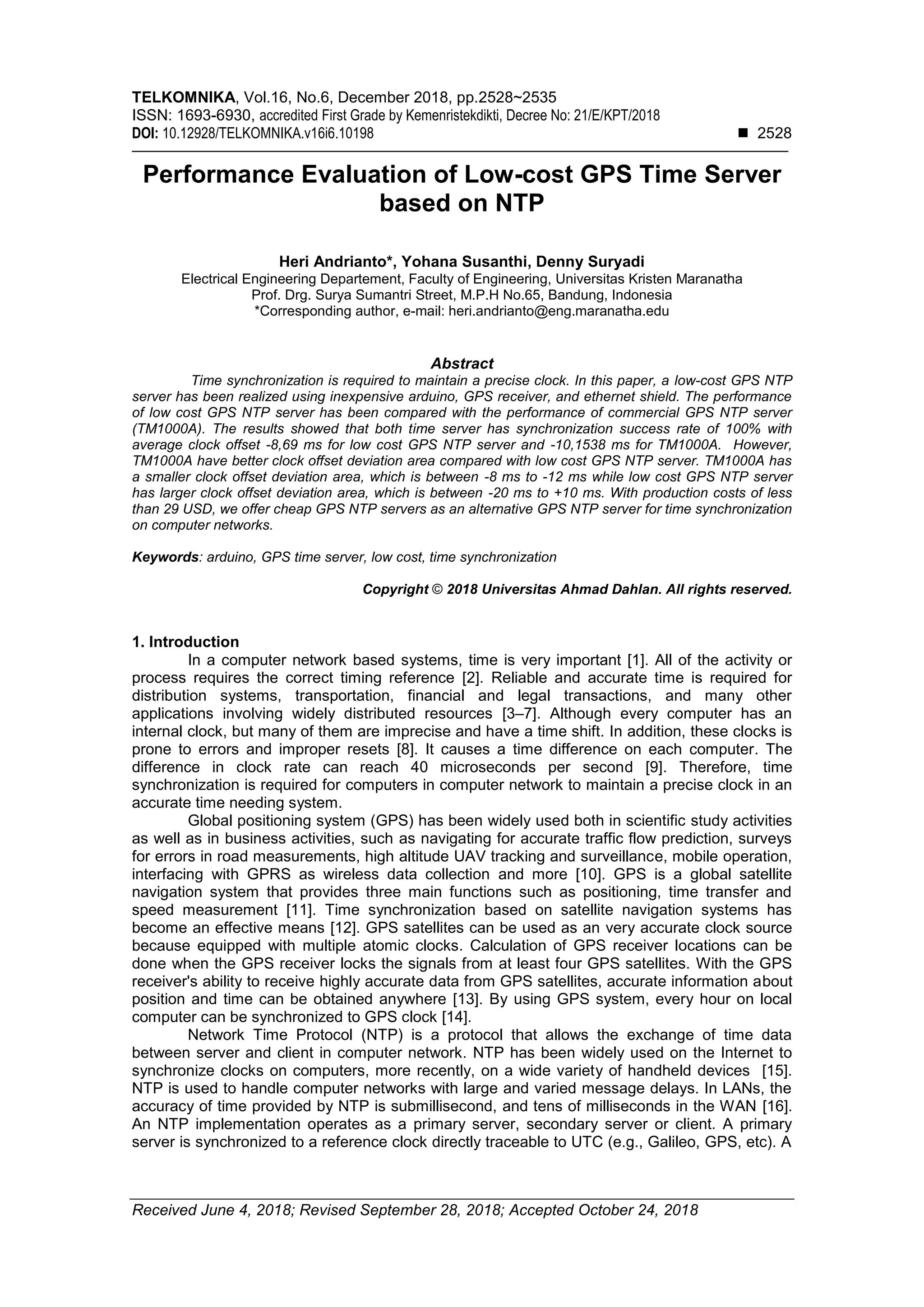 Performance Evaluation of Low-cost GPS Time Server based on NTP | PDF