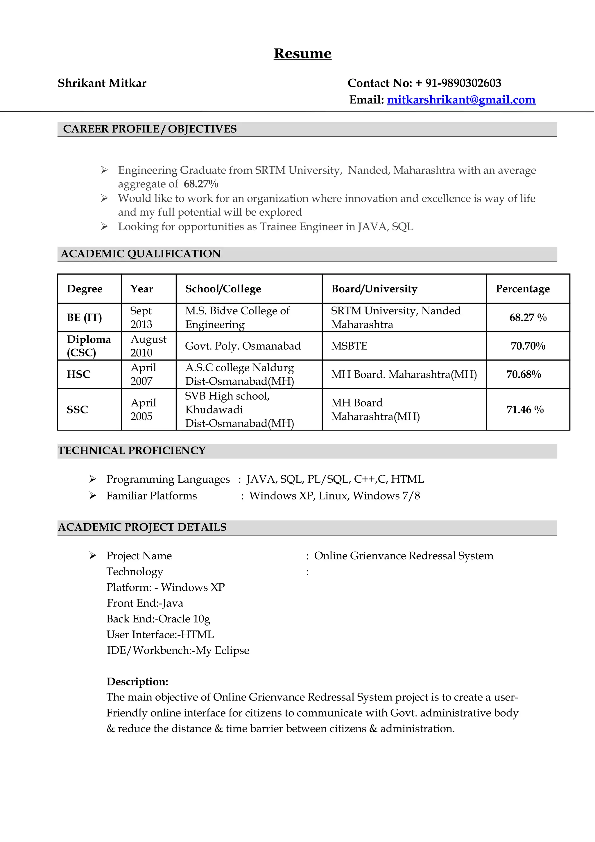 Resume | DOC | Programming Languages | Computing