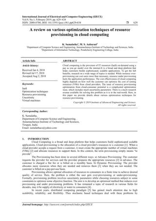 A review on various optimization techniques of resource provisioning in cloud computing | PDF