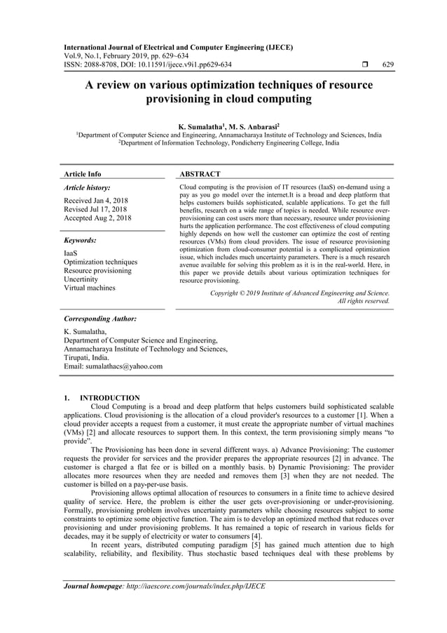 A Review On Various Optimization Techniques Of Resource Provisioning In Cloud Computing Pdf 