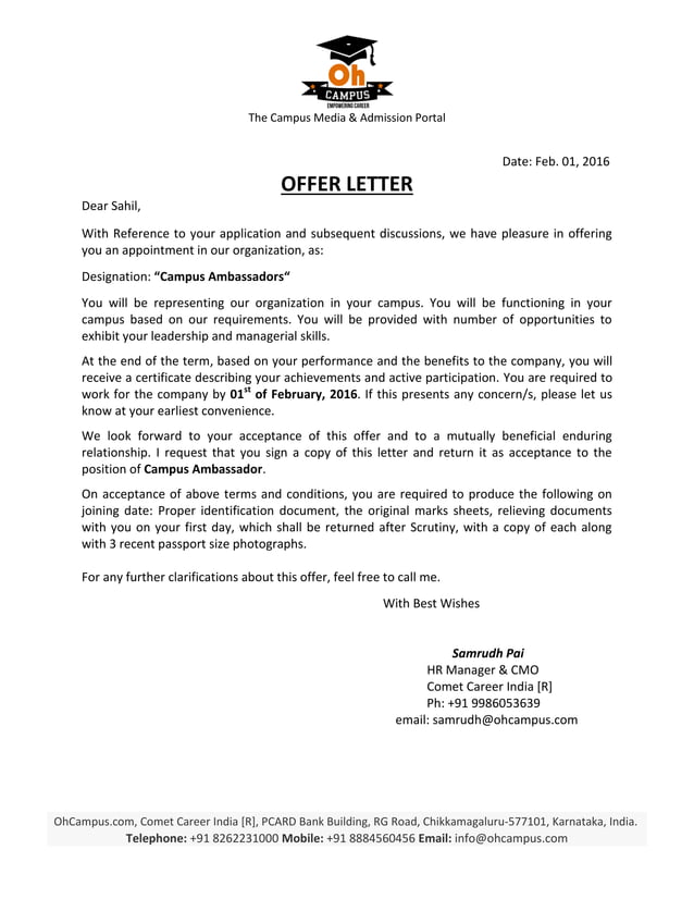 Offer Letter - Sahil, SITM-Pune | PDF