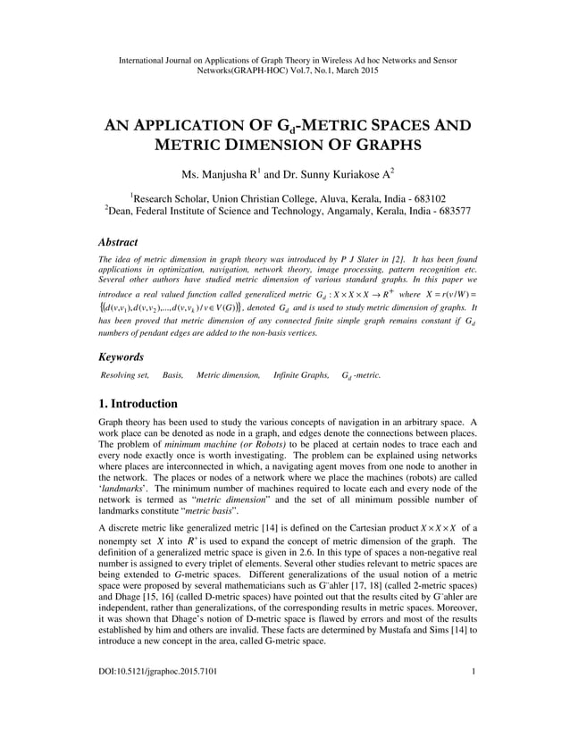An Application of Gd-Metric Spaces and Metric Dimension of Graphs | PDF