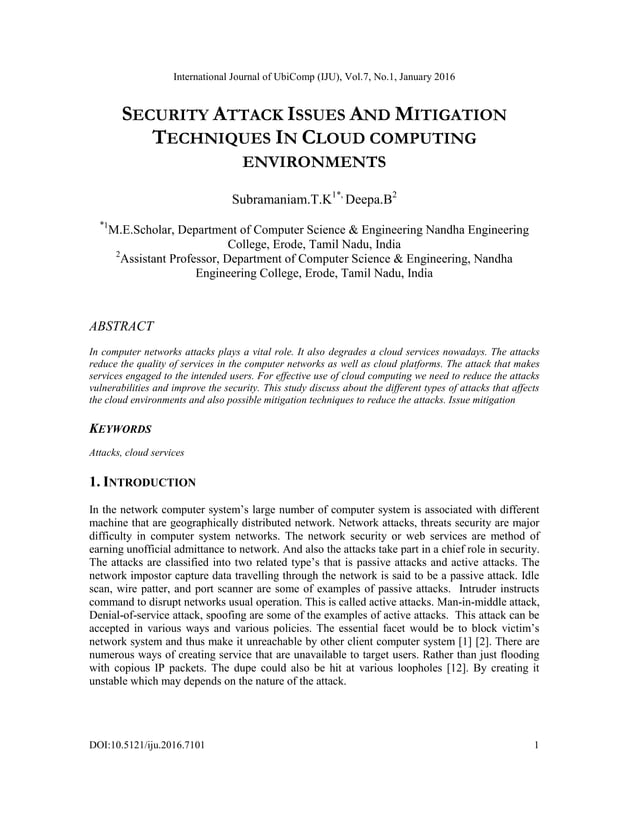 SECURITY ATTACK ISSUES AND MITIGATION TECHNIQUES IN CLOUD COMPUTING ENVIRONMENTS | PDF