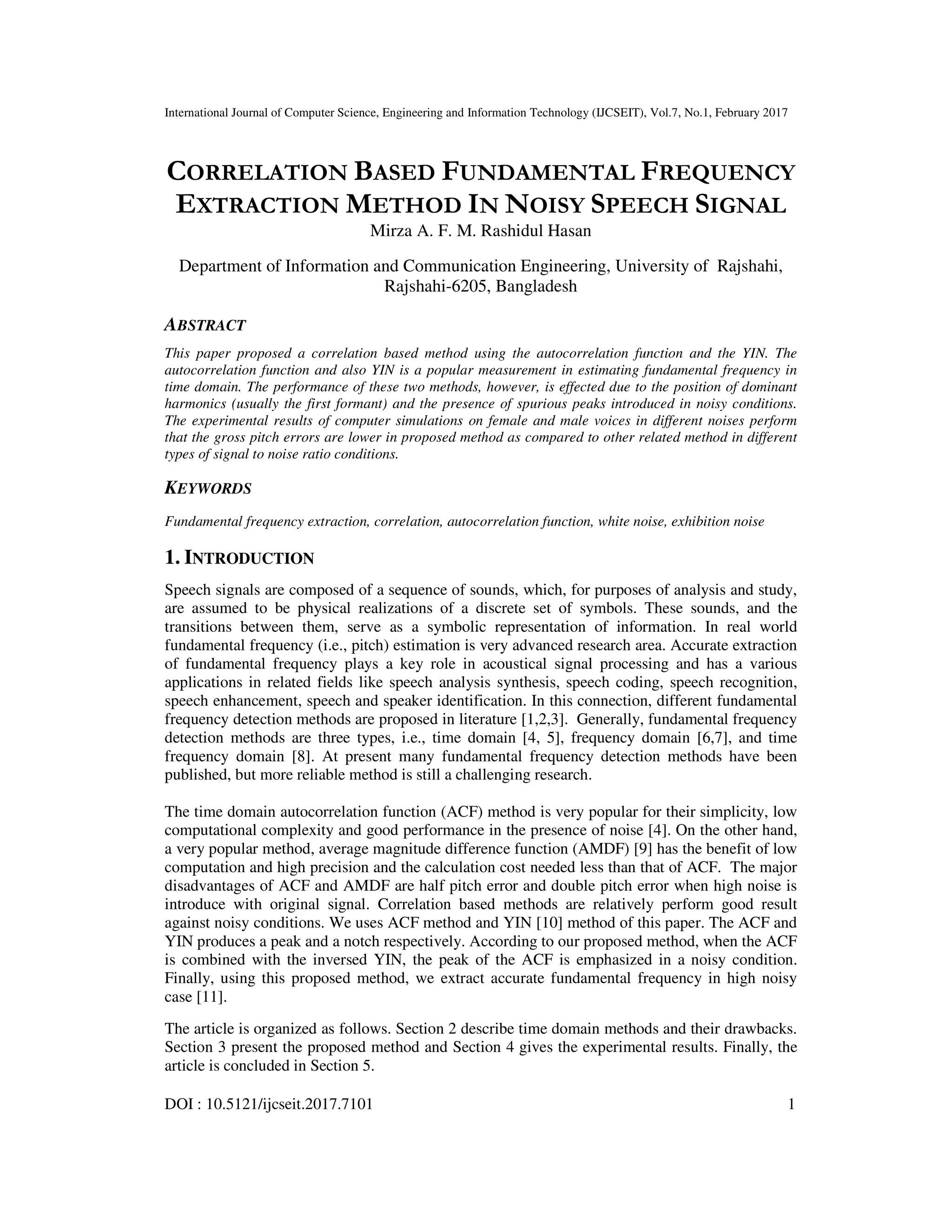 CORRELATION BASED FUNDAMENTAL FREQUENCY EXTRACTION METHOD IN NOISY SPEECH SIGNAL | PDF
