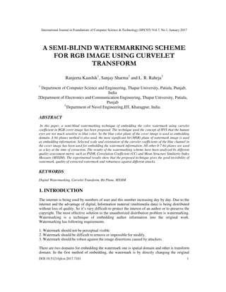 A SEMI-BLIND WATERMARKING SCHEME FOR RGB IMAGE USING CURVELET TRANSFORM | PDF