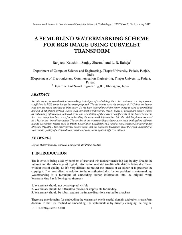 A SEMI-BLIND WATERMARKING SCHEME FOR RGB IMAGE USING CURVELET TRANSFORM | PDF