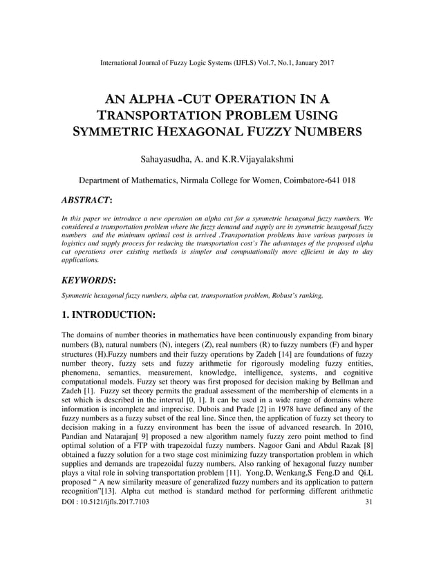 AN ALPHA -CUT OPERATION IN A TRANSPORTATION PROBLEM USING SYMMETRIC HEXAGONAL FUZZY NUMBERS | PDF